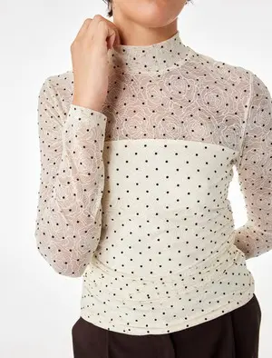 Koton Long Sleeve High Neck Polka Dot Mesh Blouse