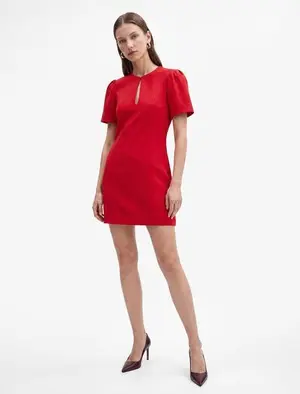 Koton Short Puff Sleeve Crew Neck Mini Dress With Keyhole Detail