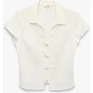 Koton Linen Blend Short Sleeve Collared Top With Frog Closure - White
