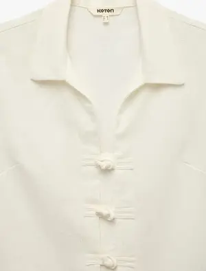 Koton Linen Blend Short Sleeve Collared Top With Frog Closure