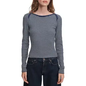 Rag & Bone Essential Striped Rib Bateau Neck Tee - Navy Multi