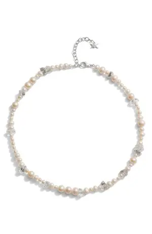 AWE INSPIRED Cultured Freshwater Pearl & Raw Quartz Crystal Necklace - Metallic Silver