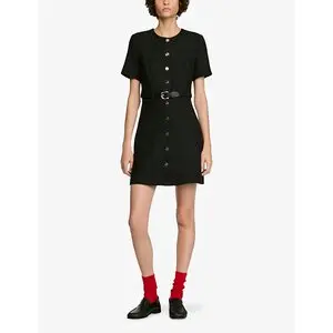 Sandro Buttoned Round-neck Tweed Mini Dress