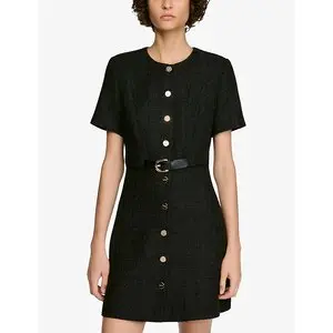 Sandro Buttoned Round-neck Tweed Mini Dress