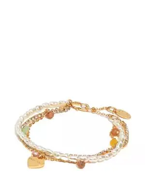 Bimba Y Lola Triple Crystals Pearls And Stones Heart Logo Bracelet - Gold
