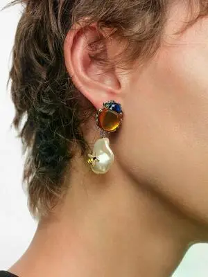 Bimba Y Lola Beetle Earrings With Amber, Crystals, And Pearls - Silver