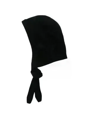 Soft Goat Ribbed-knit Tie-fastening Beanie Hat - Black