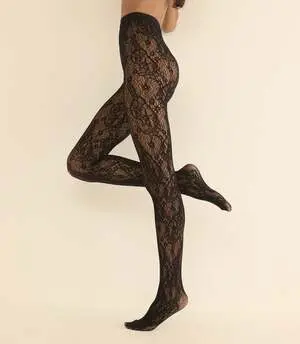 DÔEN Wolford Infinite Rose Lace Tights - Black