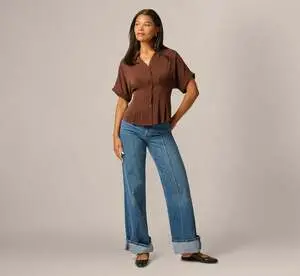 Adrianna Papell Short Sleeve Semisheer Pleated Blouse