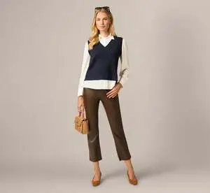 Adrianna Papell Long Sleeve Cable Knit Sweater Vest Twofer Top In Navy Ivory - Navy/ivory