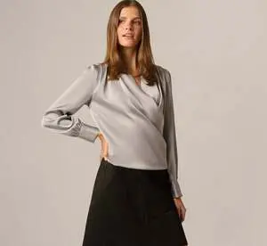 Adrianna Papell Long Sleeve Draped Satin Wrap Front Blouse