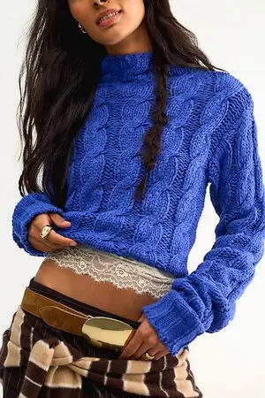 Free People Simone Cable Knit Pullover - Blue Laser