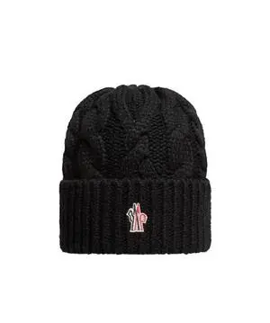 Moncler Cable Knit Logo Embroidered Beanie - Black