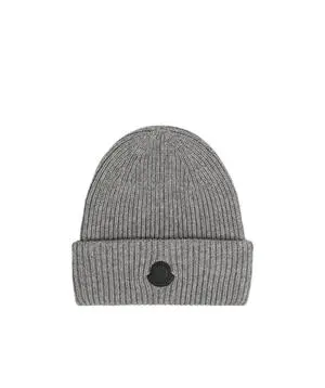 Moncler Ribbed Logo Beanie Hat - Grey