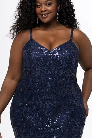 SYDNEY'S CLOSET Fitted Stretch Sequin Formal Dress - Navy