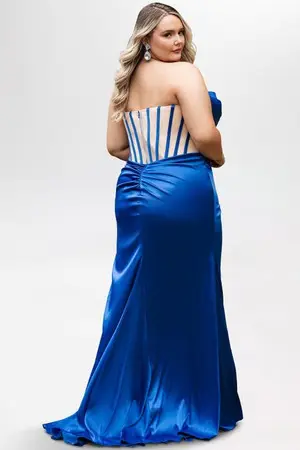 SYDNEY'S CLOSET Slim Satin Curvy Prom Dress With Corset Boning - Cobalt