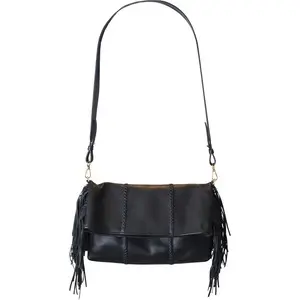 Carlos Falchi Large Fringe Leather Crossbody Messenger - Black