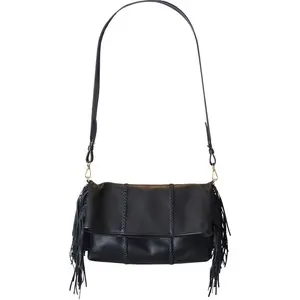 Carlos Falchi Large Fringe Leather Crossbody Messenger - Black