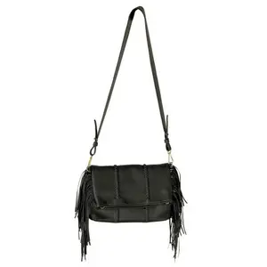 Carlos Falchi Medium Fringe Leather Crossbody Messenger - Black