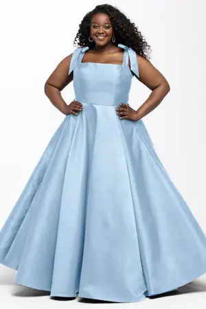 SYDNEY'S CLOSET Satin A-line Formal Gown With Bows - Light Blue