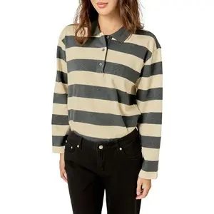 English Factory Striped Ribbed Cotton Blend Polo Shirt - Grey/cream