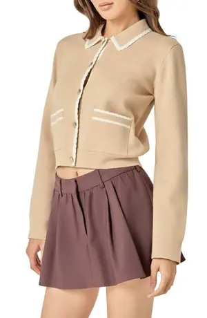 English Factory Scallop Trim Cardigan - Tan/off White