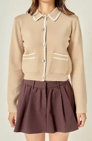 English Factory Scallop Trim Cardigan - Tan/off White