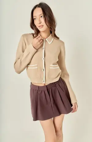 English Factory Scallop Trim Cardigan - Tan/off White