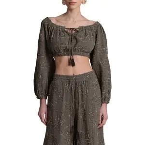 Avec Les Filles Embroidered Puff Sleeve Crop Top
