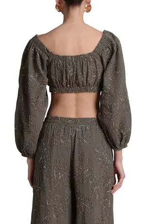 Avec Les Filles Embroidered Puff Sleeve Crop Top