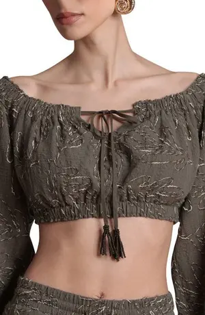 Avec Les Filles Embroidered Puff Sleeve Crop Top