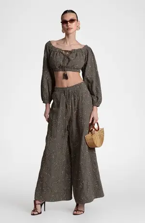 Avec Les Filles Embroidered Puff Sleeve Crop Top