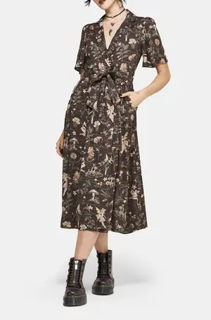 DISTURBIA Faela Fairy Tie Waist Wrap Midi Dress - Black