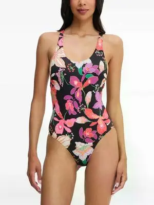 Nike Floral-print Cross-back Swimsuit - Black