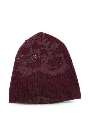 Ermanno Scervino Lace-appliqué Beaded Beanie Hat - Red