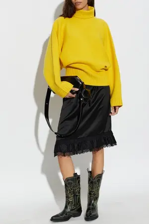 GANNI Satin Skirt With Lace Trim - Black