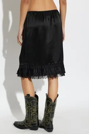 GANNI Satin Skirt With Lace Trim - Black