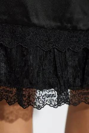 GANNI Satin Skirt With Lace Trim - Black