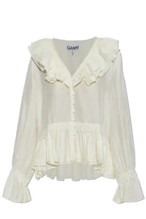 GANNI Satin Top With Ruffles Cream