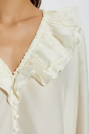 GANNI Satin Top With Ruffles - Cream