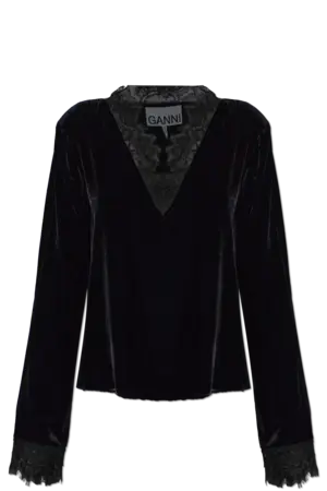 GANNI Velvet Top With Lace Trim - Black
