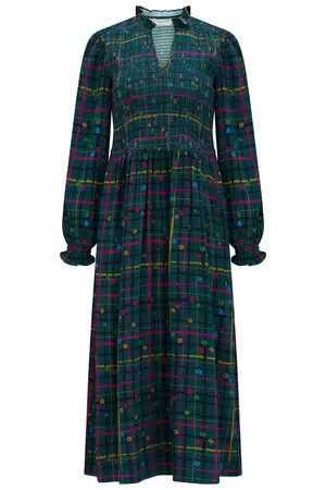 SUGARHILL BRIGHTON Annalee Shirred Midi Dress Teal Check