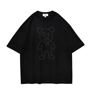 X ILONA BLUE Black / Grey Graffiti Daddy Bear Black Organic Cotton Charcoal Chain Link Embroidery Tee