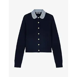 Maje Beaded-collar Button-down Wool And Cashmere Cardigan - Navy