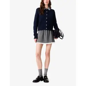 Maje Beaded-collar Button-down Wool And Cashmere Cardigan - Navy