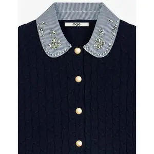 Maje Beaded-collar Button-down Wool And Cashmere Cardigan - Navy