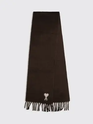 AMI Paris Alpaca Wool Scarf With Printed Logo And Fringed Edges - Brown