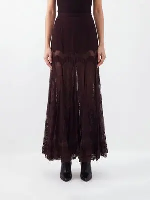 Zimmermann High-waisted Silk Crêpe Long Skirt With Lace Inserts - Brown
