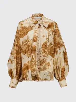 Zimmermann Printed Ramie Blouse With Balloon Sleeves And Pussy-bow Collar