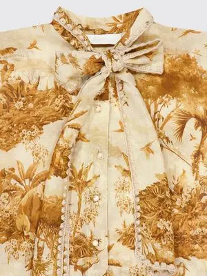 Zimmermann Printed Ramie Blouse With Balloon Sleeves And Pussy-bow Collar